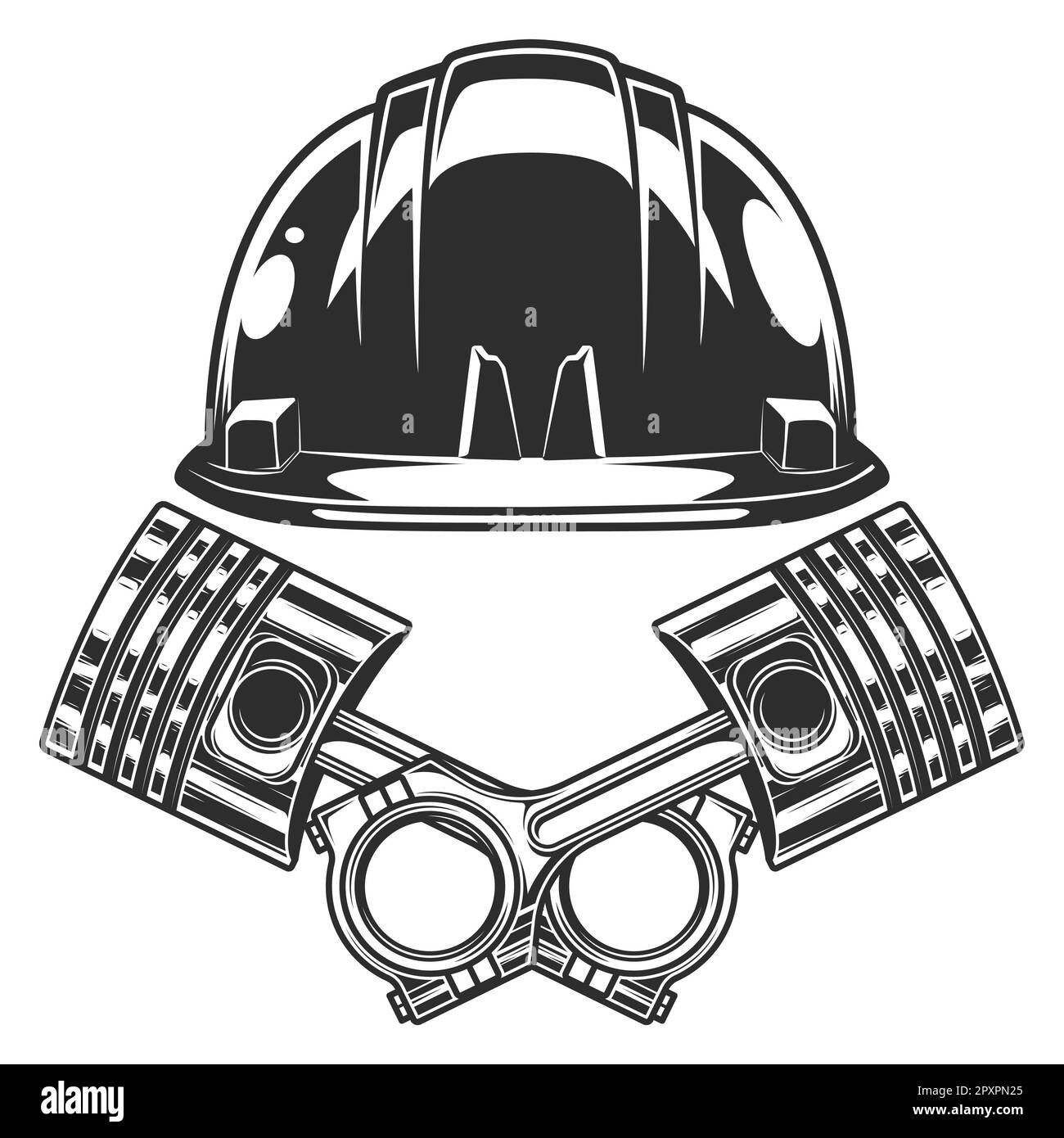 Engine piston and hard hat construction helmet on white background ...