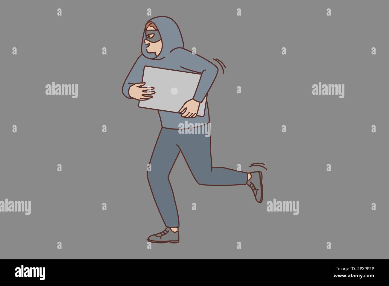 Male Robber In Mask And Hood Steal Computer Running From Burglary Site