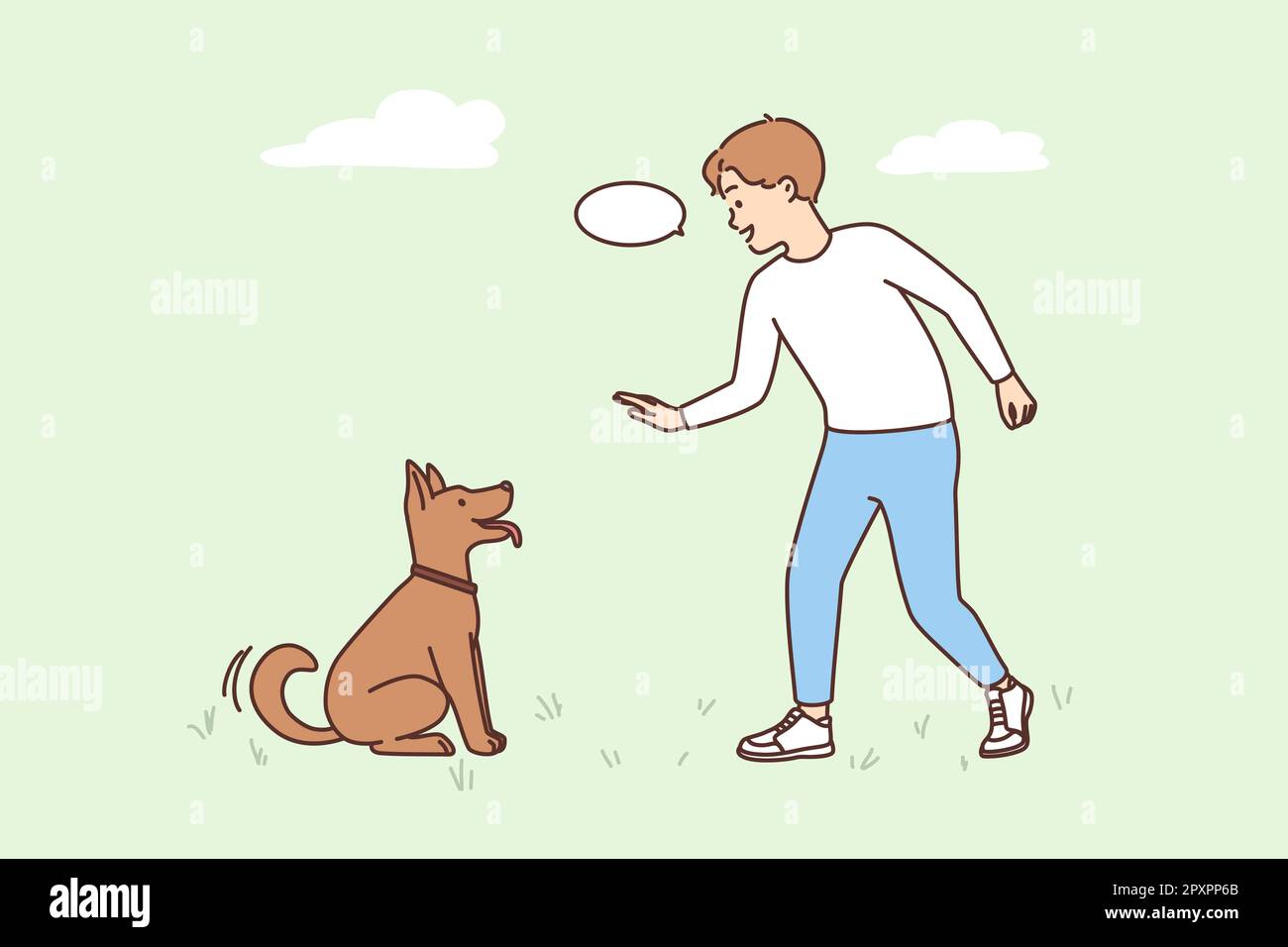 Smiling little boy playing with cute dog outdoors. Happy kid have fun ...