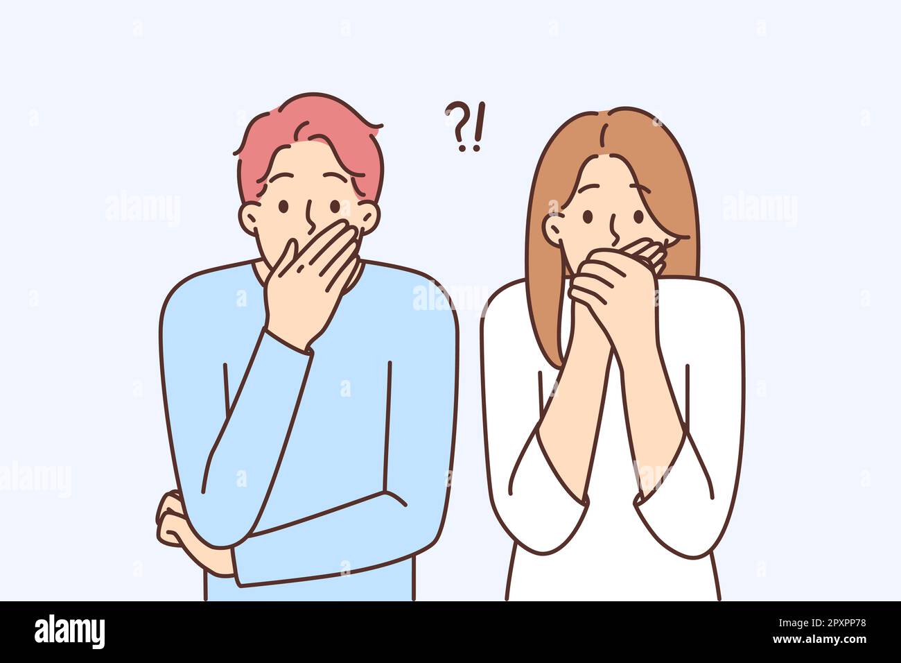 Astonished man and woman cover mouth shocked by unexpected news or ...