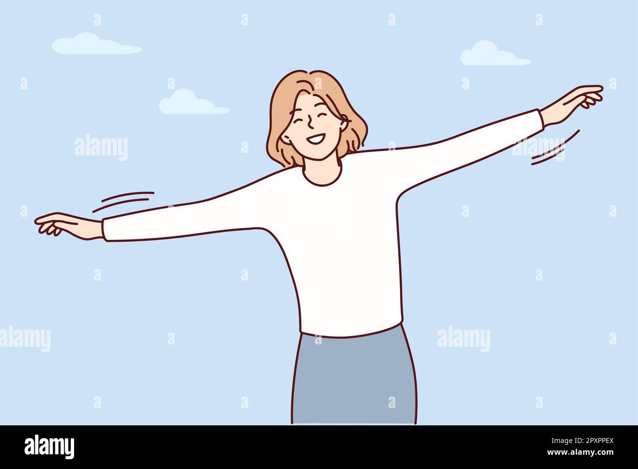 Free woman spreads arms to sides standing on background of sky with ...