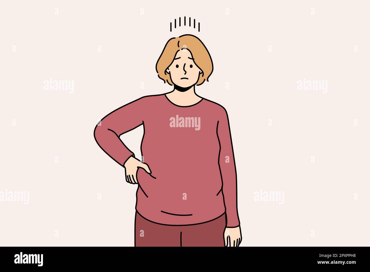 Unhappy young woman touch fat on belly distressed with excessive weight ...