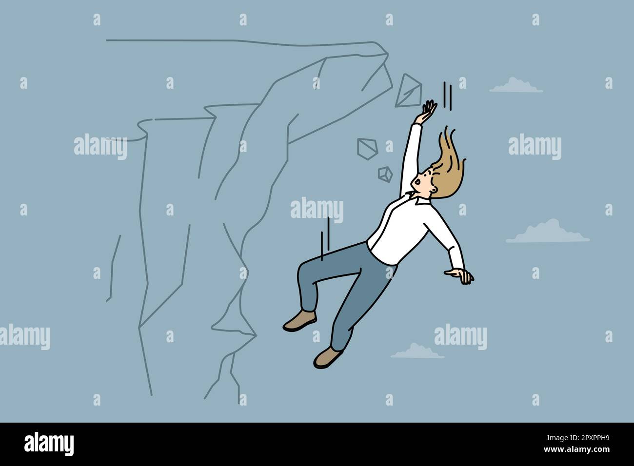 Scared businesswoman fall from cliff suffer from failure or loss at ...