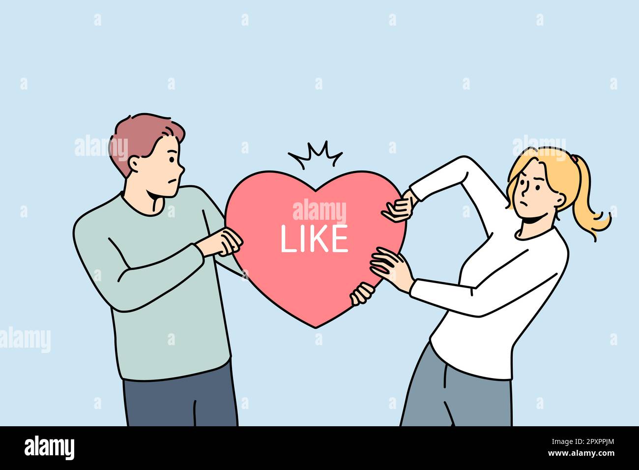 Angry man and woman share likes on social media. Furious male and ...