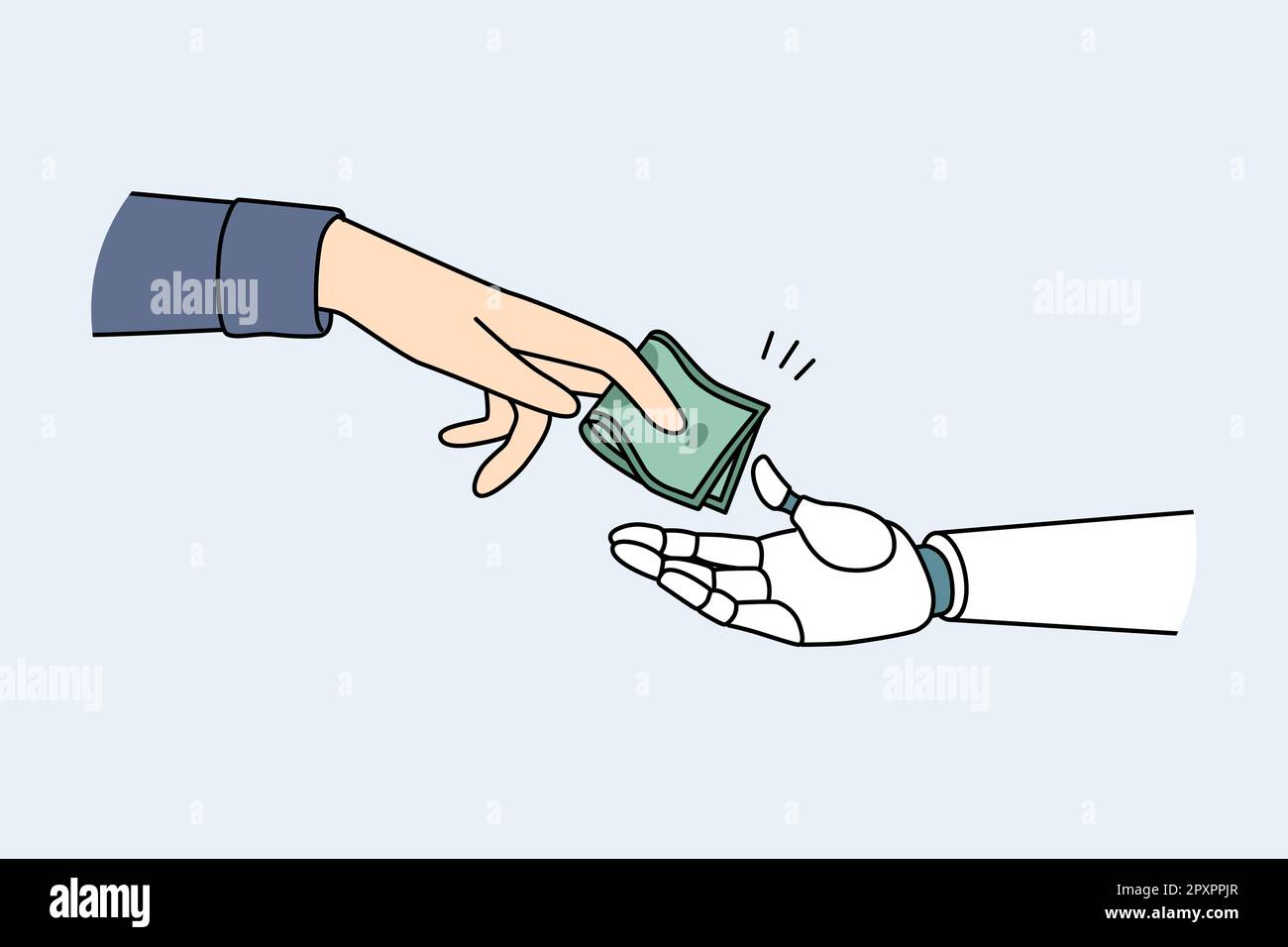 Closeup of businessman man hand money to robotic assistant. Man pass ...