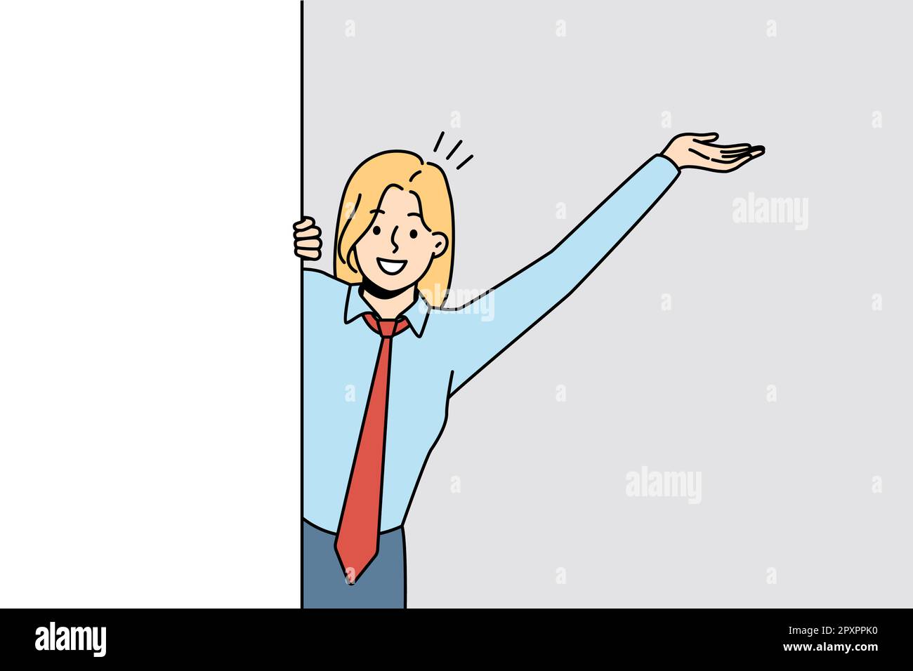 Smiling businesswoman look behind mockup white placard. Happy female ...