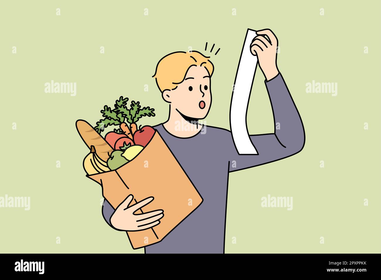 Stunned young man with bag or groceries shocked by expenses in ...