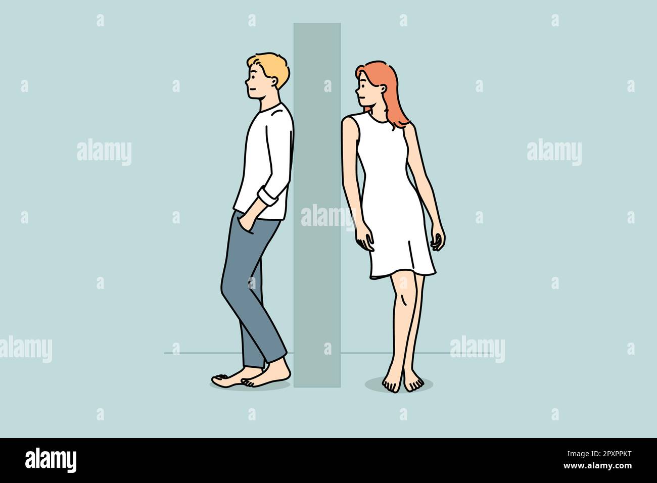 Man and woman separated by wall. Young couple stand on different sides ...