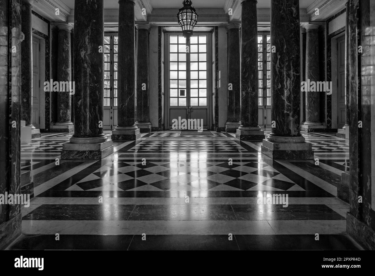Marble Lobby in the central part of the Palace of Versailles near Paris ...
