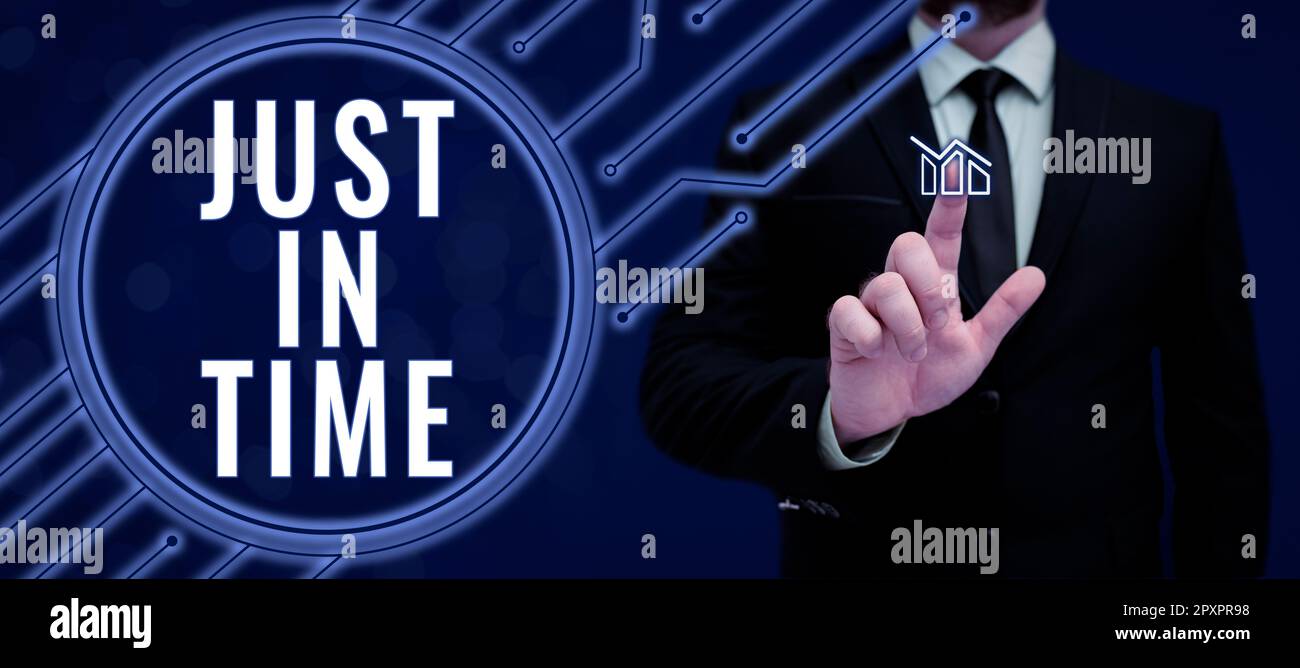 Inspiration showing sign Just In Time, Word Written on Arriving exactly ...