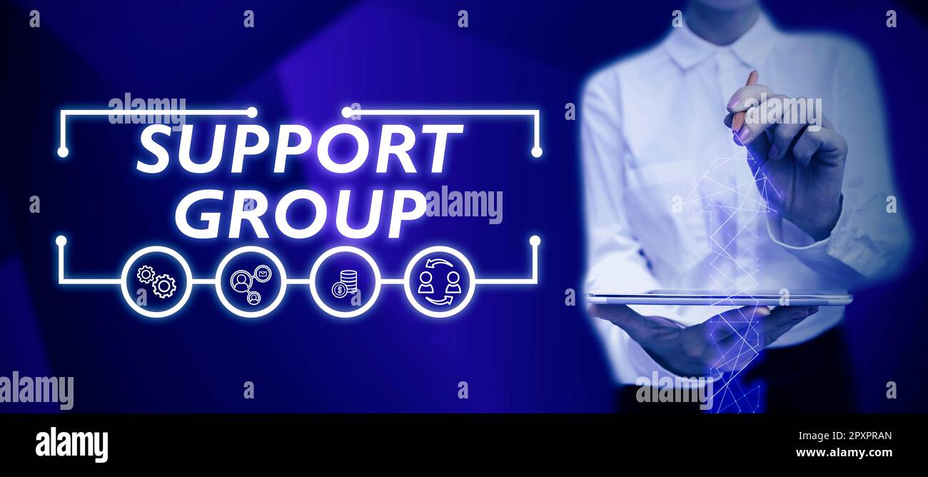 Text caption presenting Support Group, Word Written on number of people ...