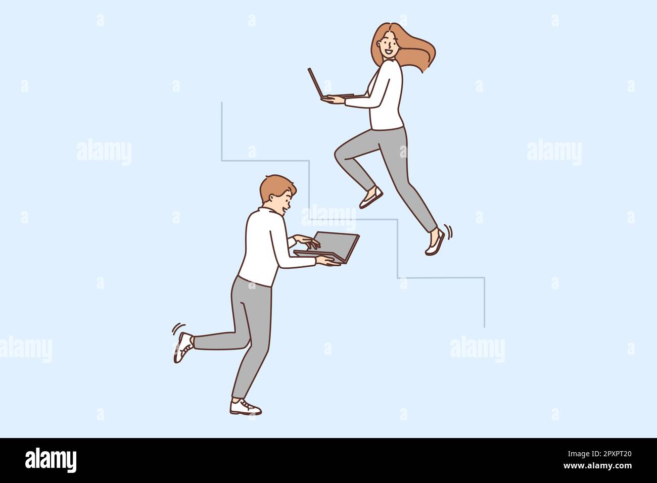 Smiling motivated businesspeople with laptops running upstairs in ...