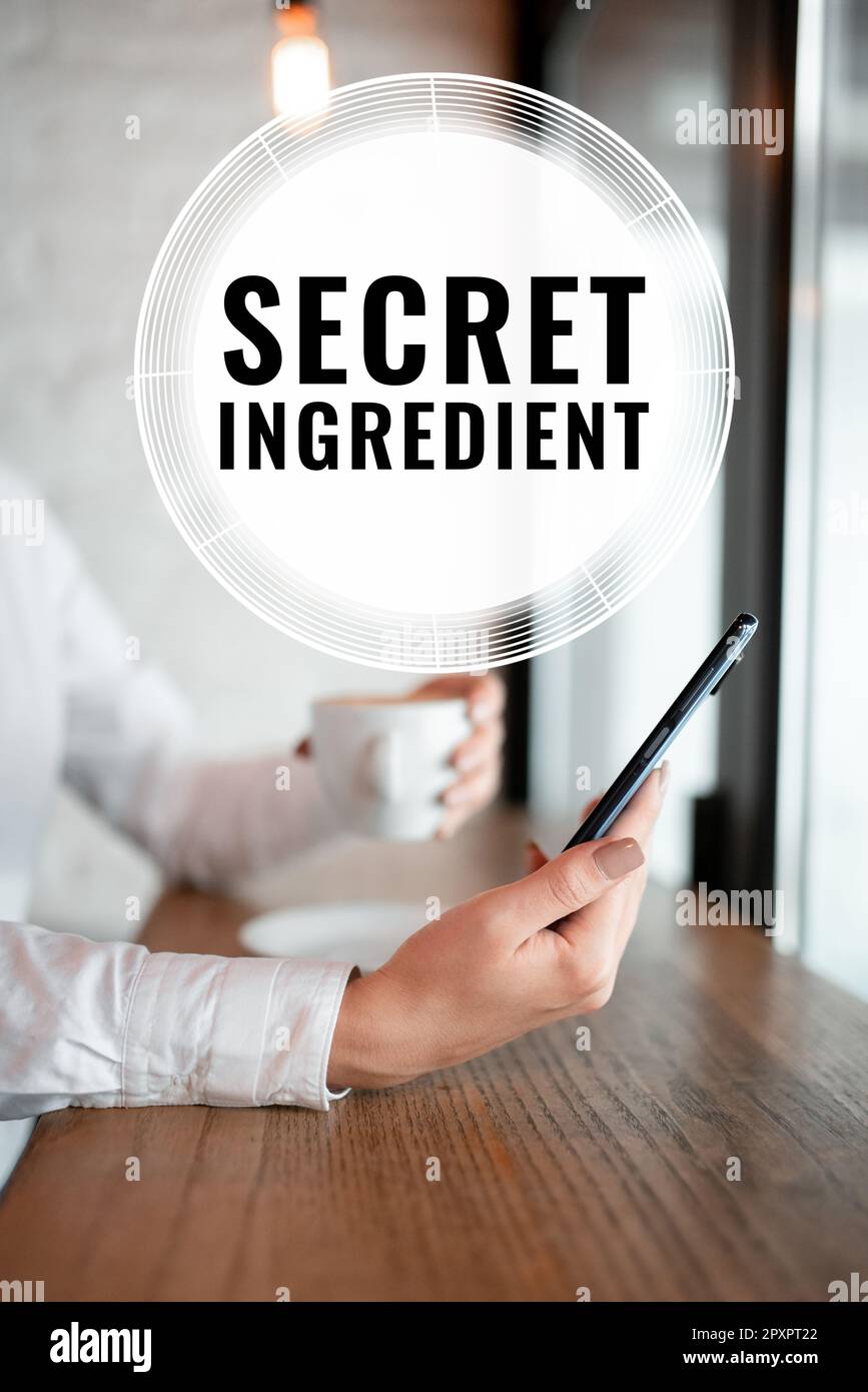 Hand writing sign Secret Ingredient, Word Written on special technique ...