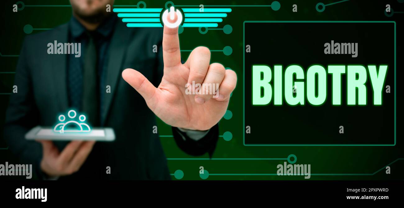 Text caption presenting Bigotry, Concept meaning obstinate or ...