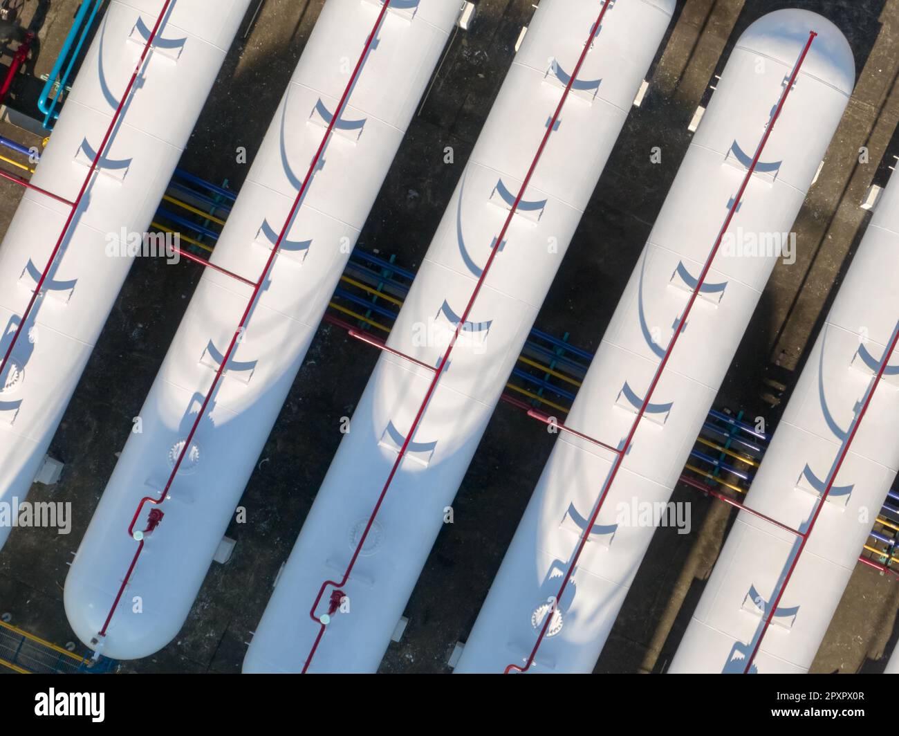 Aerial view industrial gas storage tank. LNG or liquefied natural gas ...
