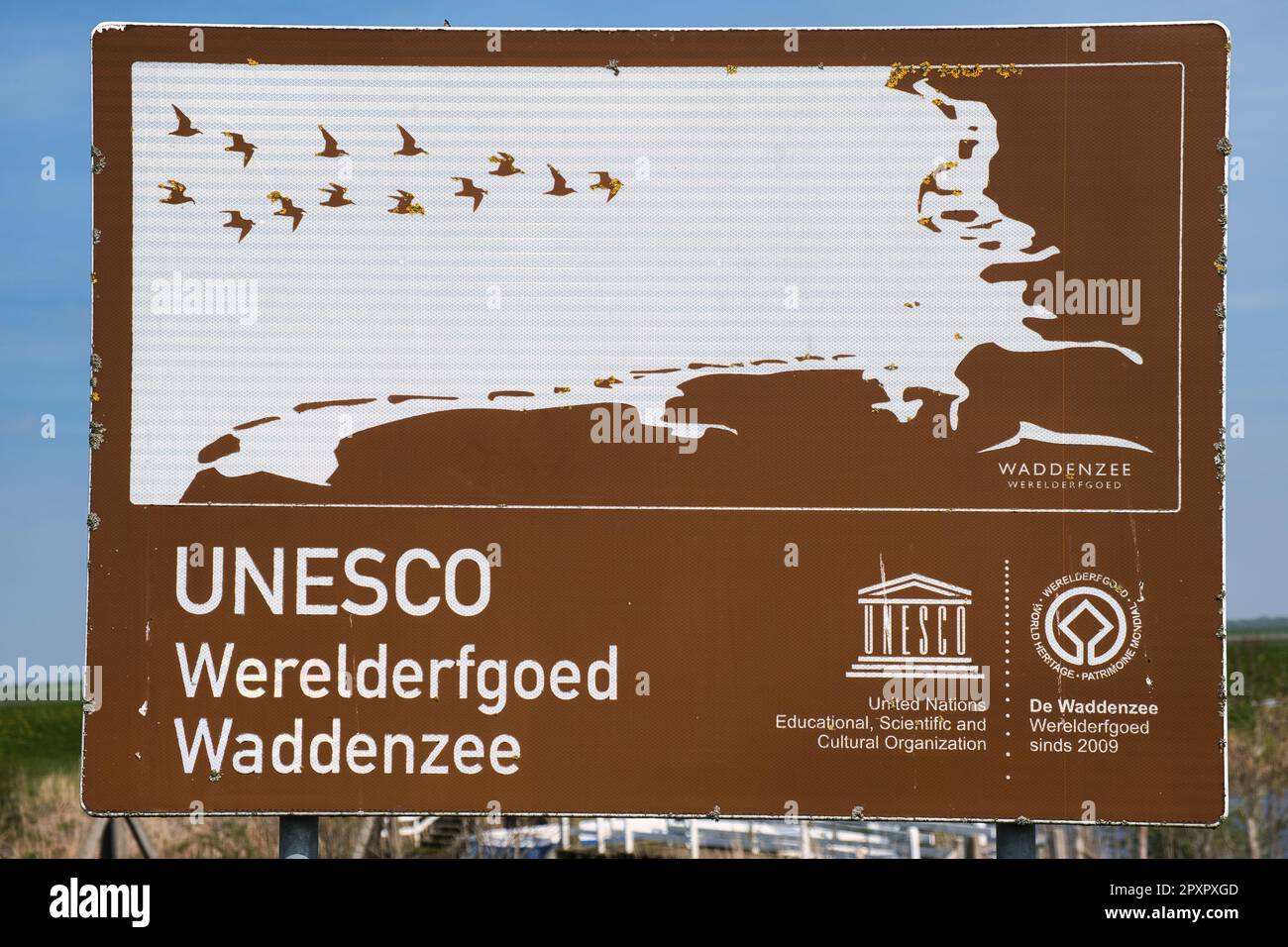 Sign of the Unesco World Heritage area of the Waddenzee (Wadden Sea) in ...