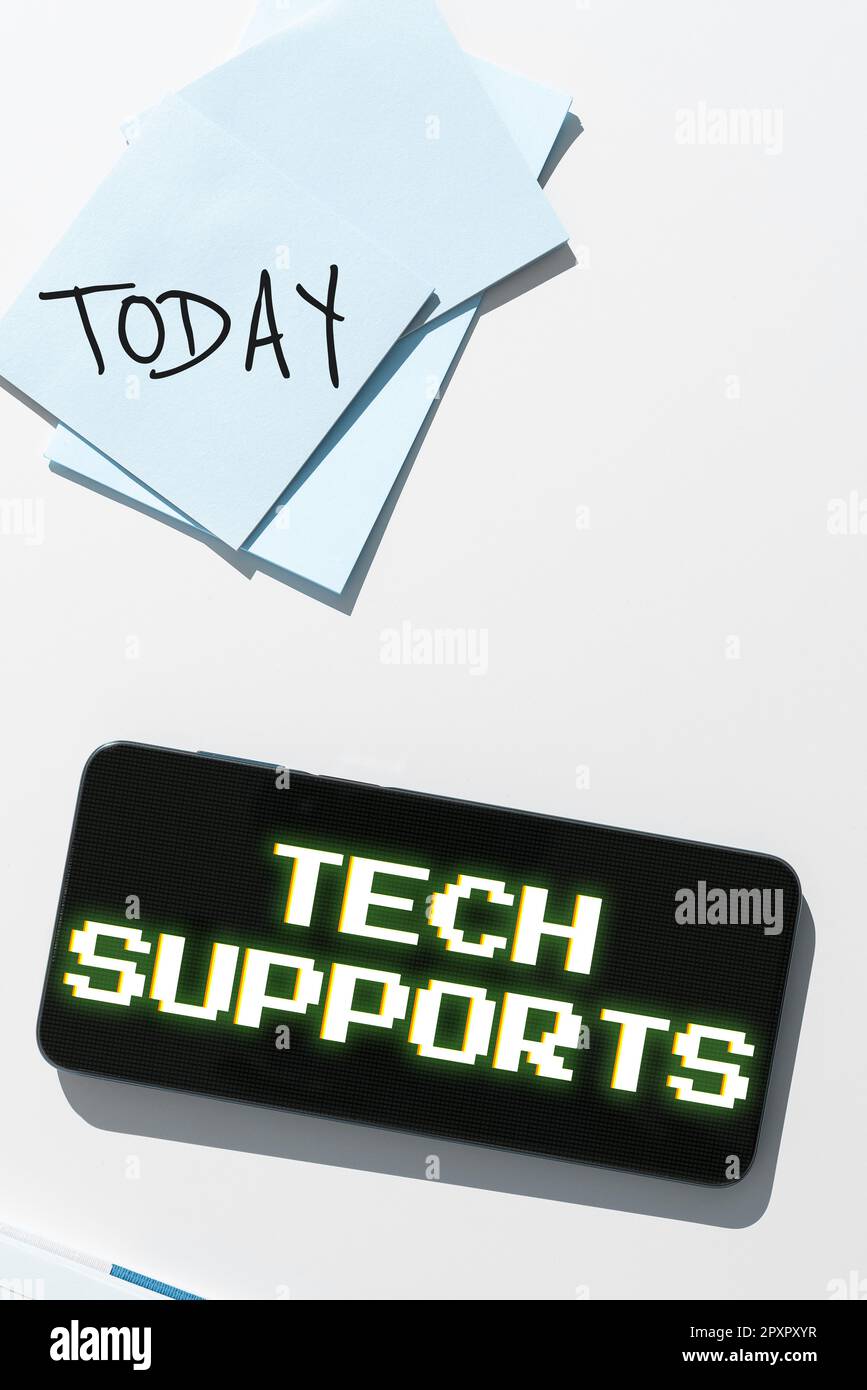 Text caption presenting Tech Supports, Word Written on Help given by ...