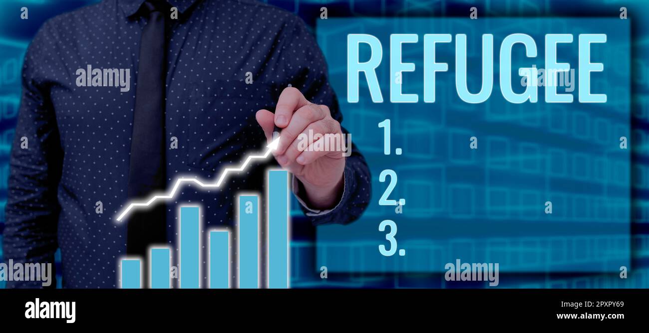 Text caption presenting Refugee, Word Written on refer to movements of ...