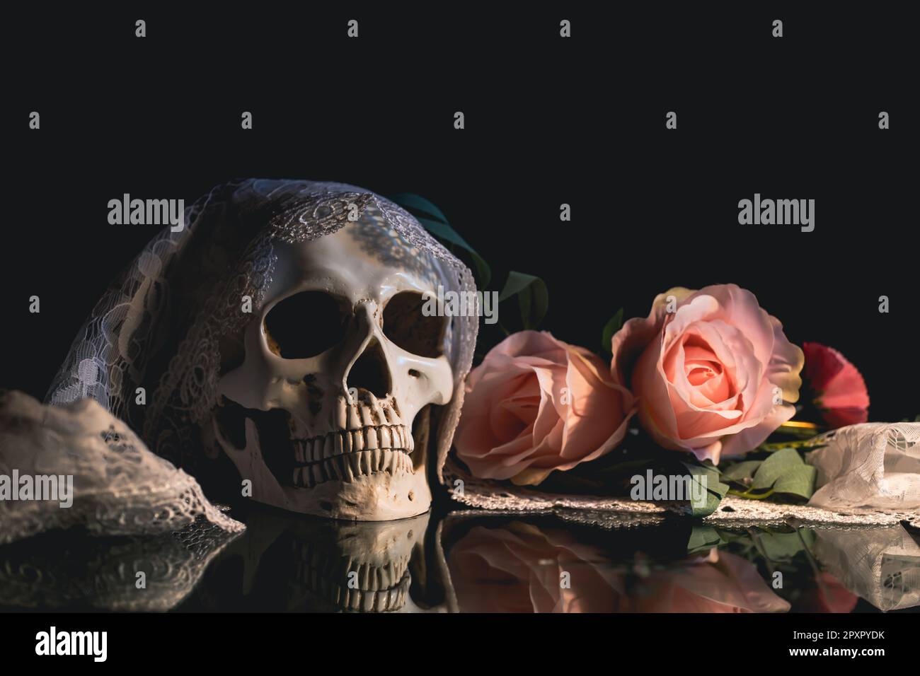 Skull with bride veil and pastel pink rose flowers. Calavera Catrina ...