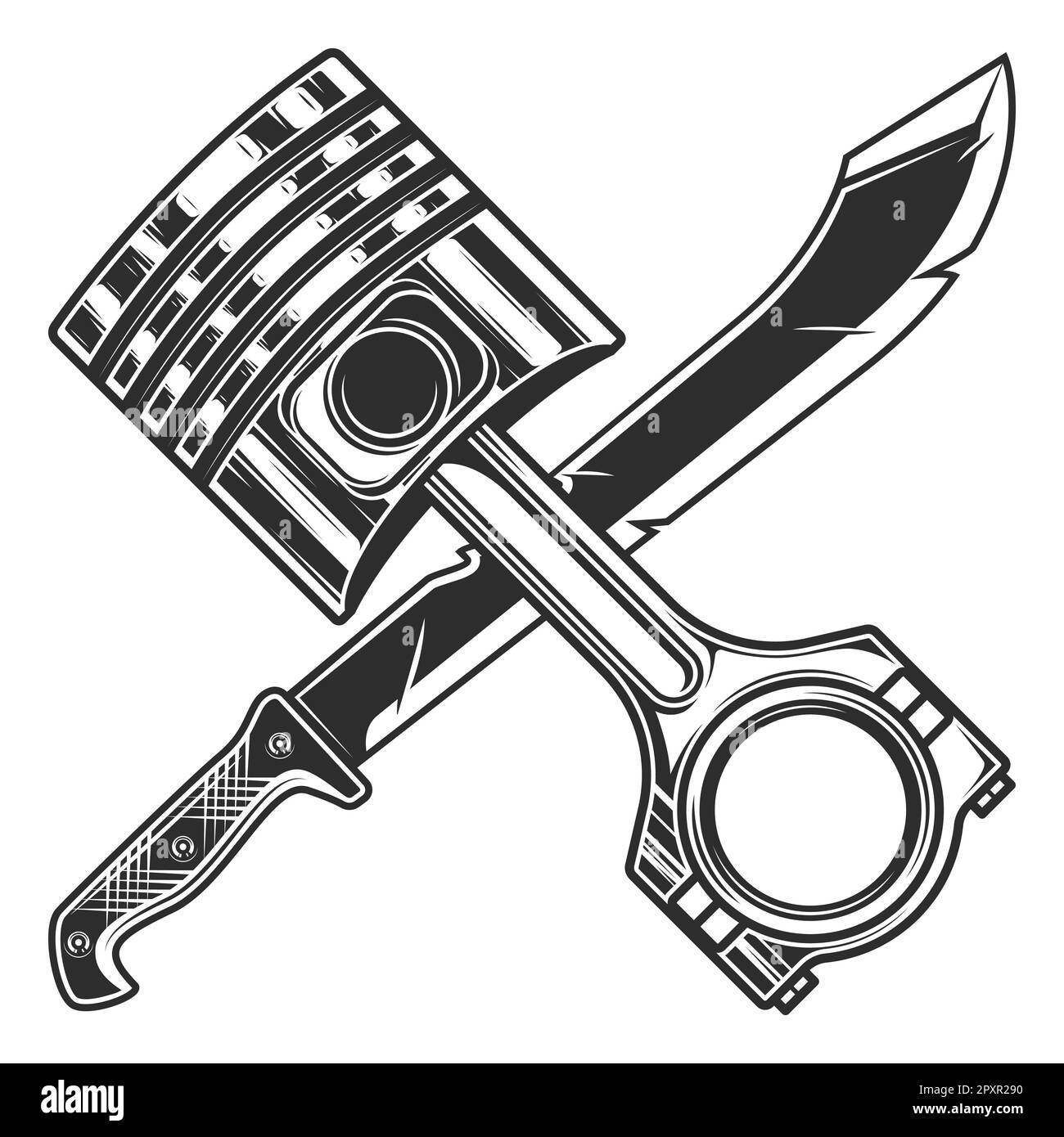 Engine piston and machete sword from construction business on white ... Engine piston and machete sword from construction business on white ...