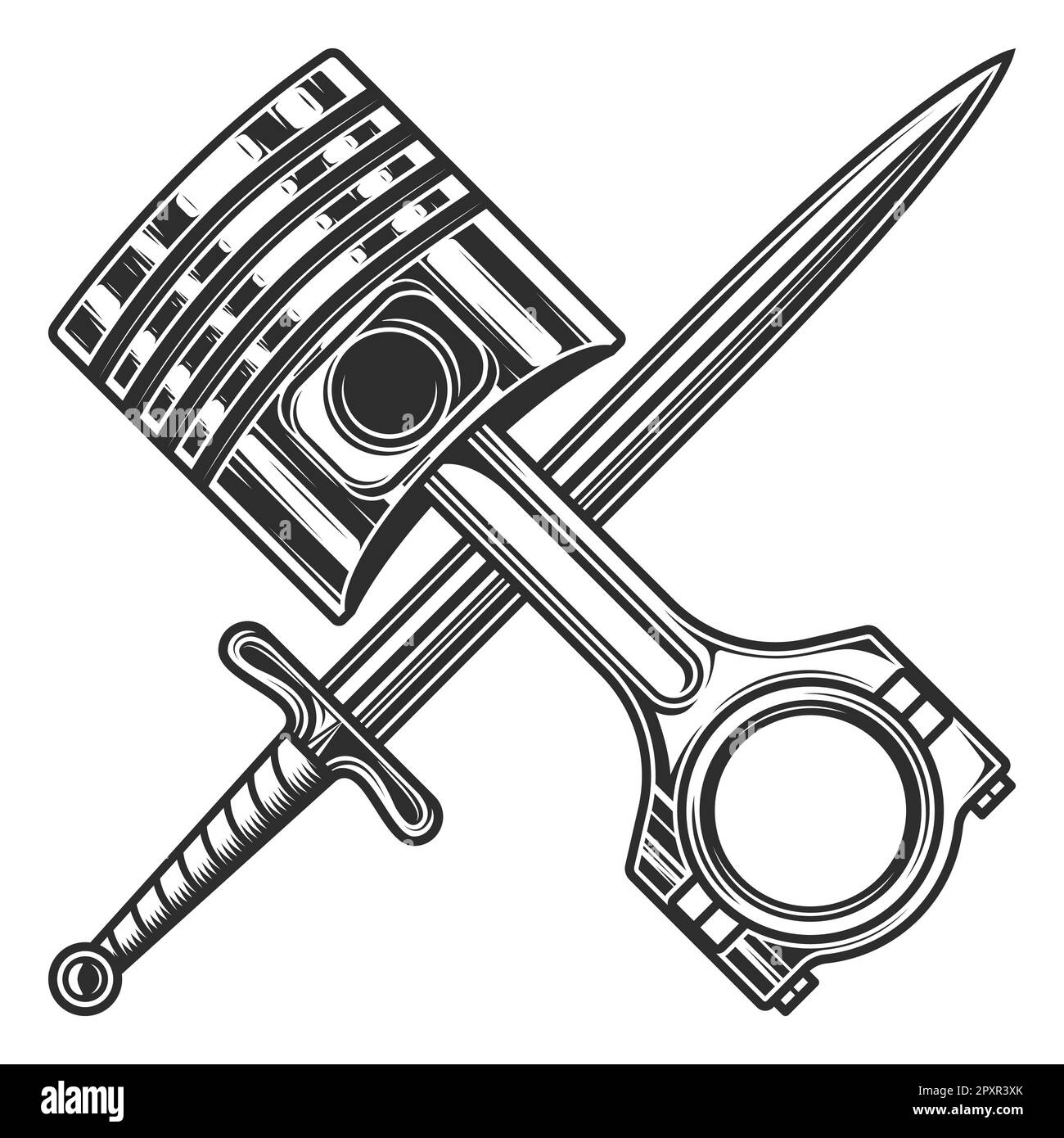 Engine piston and knight sword on white background isolated monochrome ...