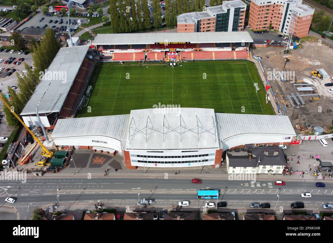 A general aerial view of the Racecourse Ground, home of Wrexham, ahead ...