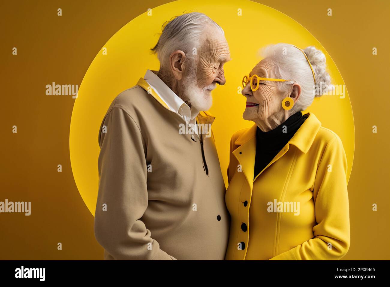Portrait of two calm peaceful people look each other on yellow color ...