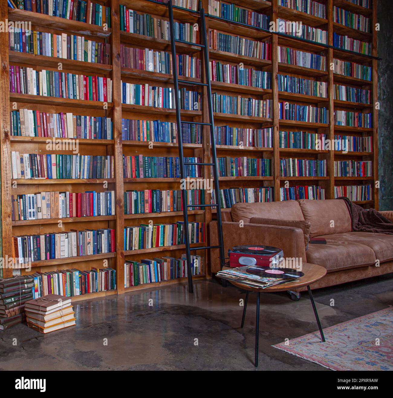 Books on bookshelves in an empty library room. Book background ...