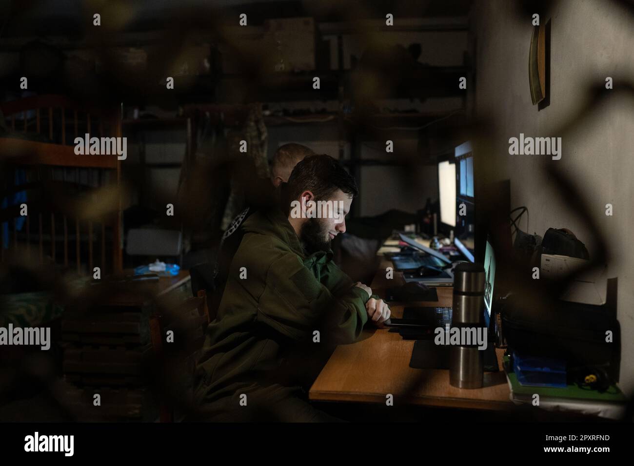 April 24, 2023, Ukraine: A Ukrainian soldier is seen checking at the ...