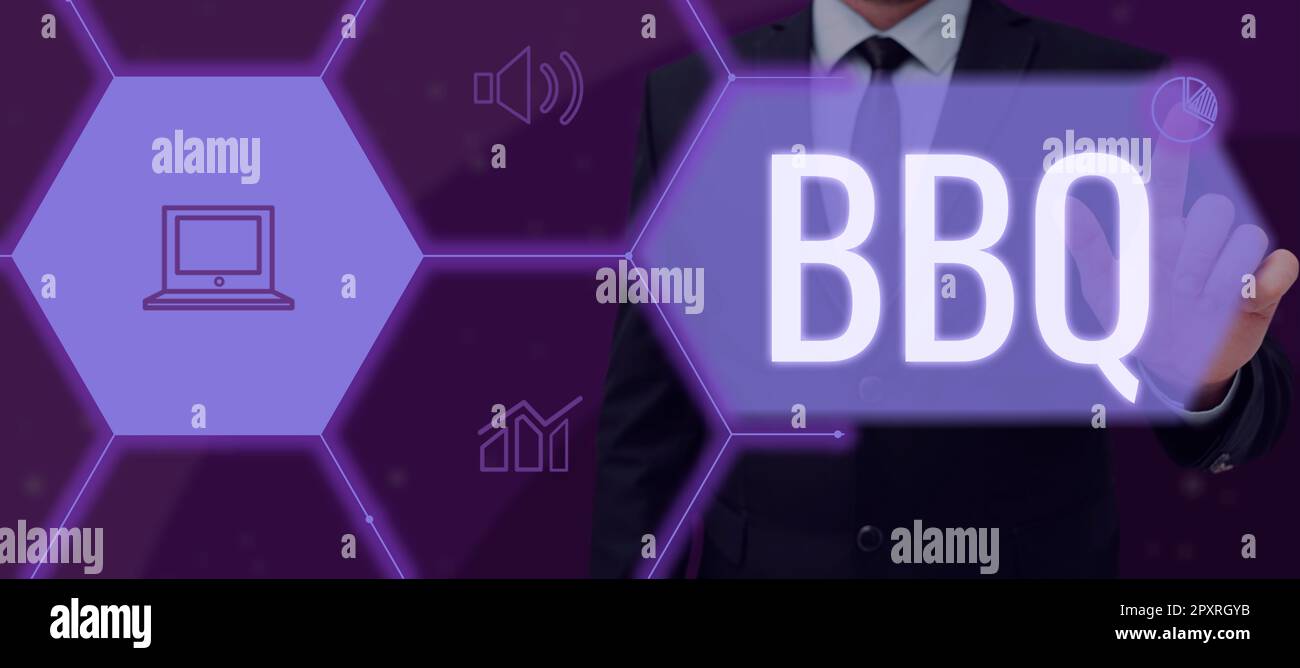 Hand writing sign Bbq, Concept meaning usually done outdoors by smoking ...