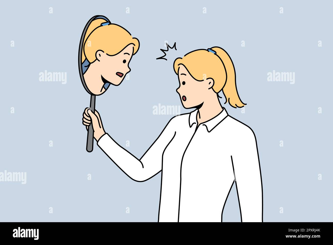 Woman looking in mirror thinking of different part of self. Young ...