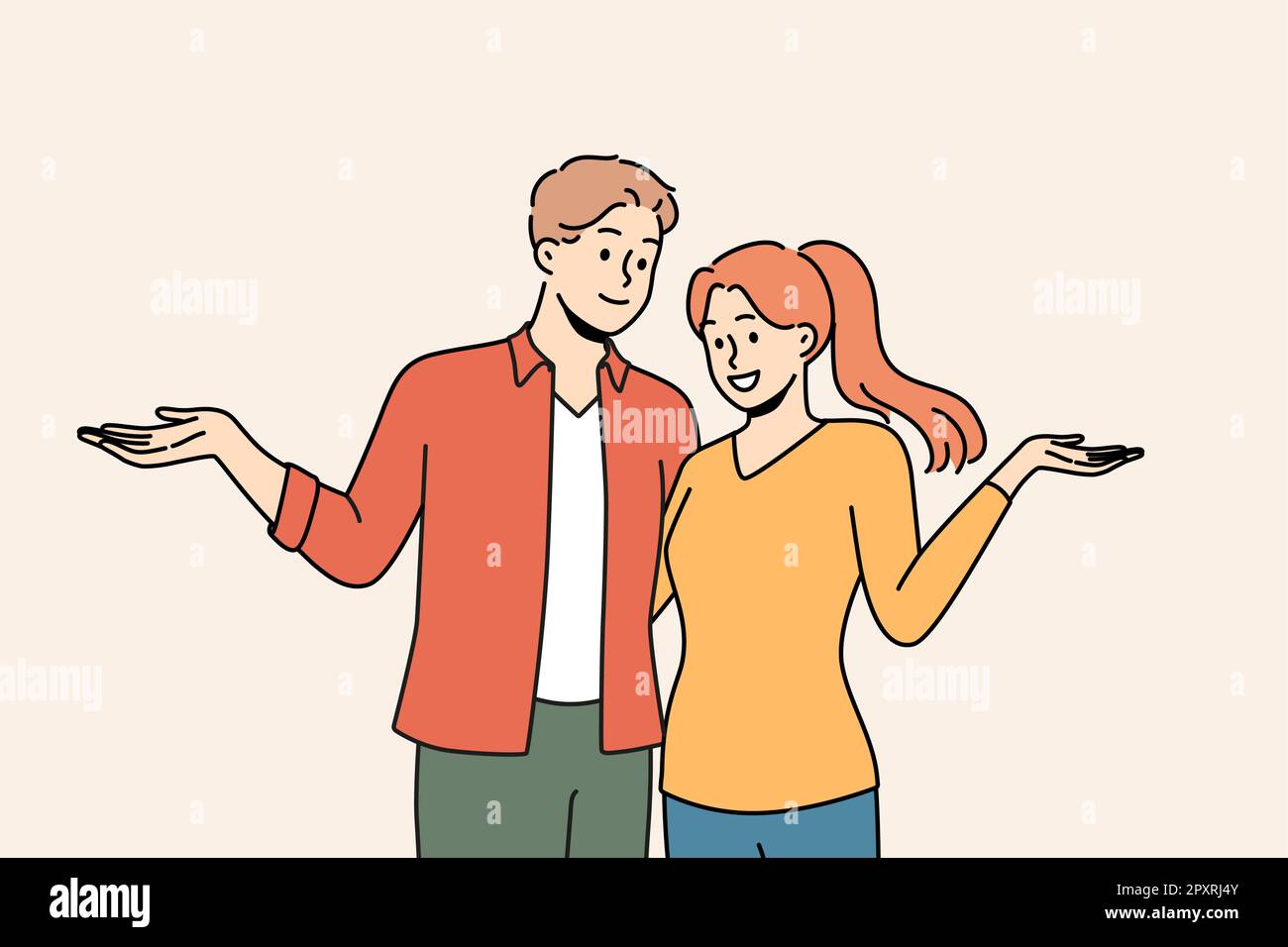 Smiling young couple with open arms feeling positive and cheerful ...