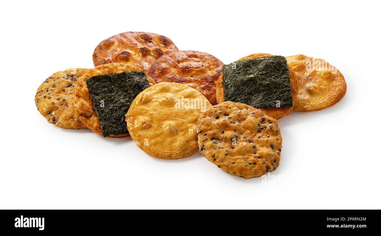 Sembei rice crackers placed on a white background. Senbei is a Japanese ...