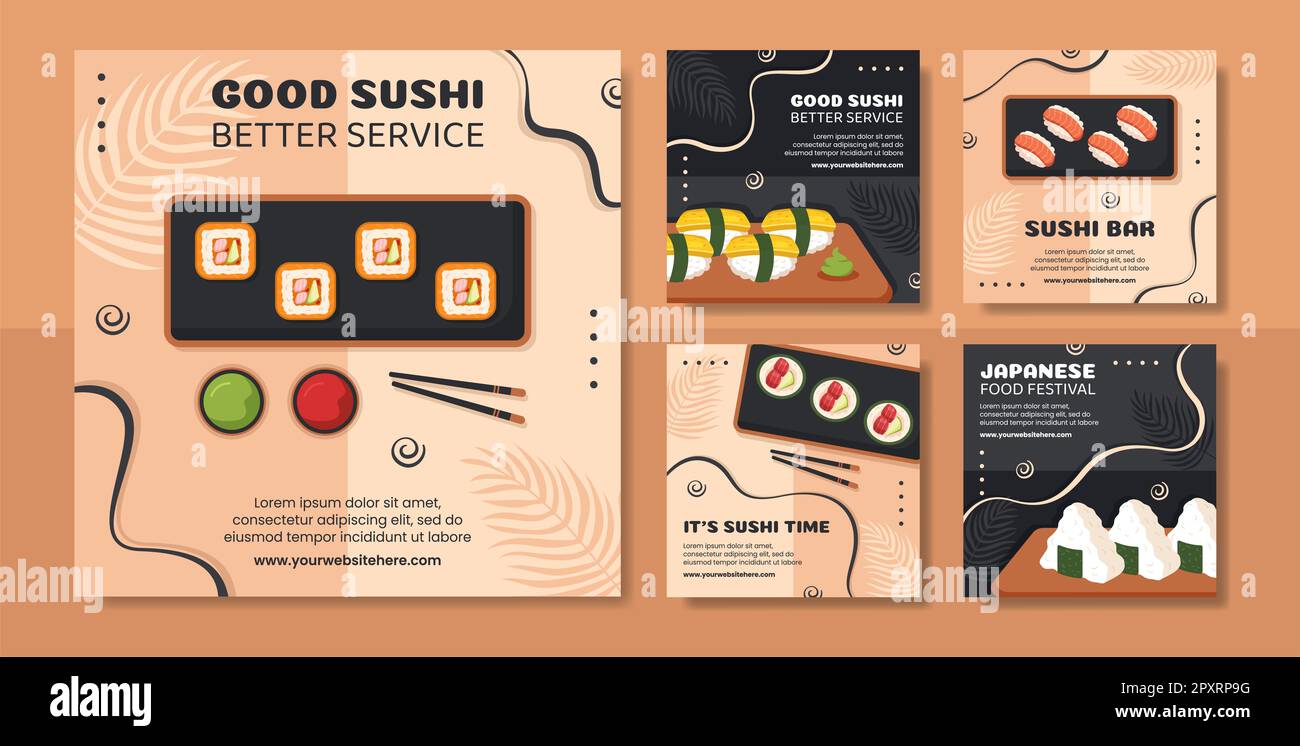 Japanese Sushi or Asian Food Social Media Post Flat Cartoon Hand Drawn ...