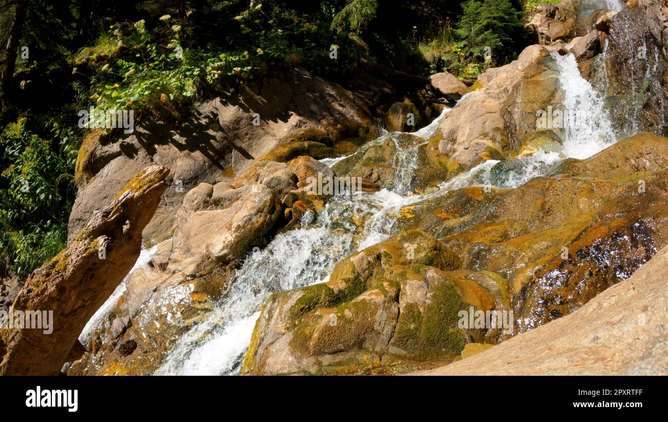 mountain green woods waterfall at summertime, sightseer experience ...