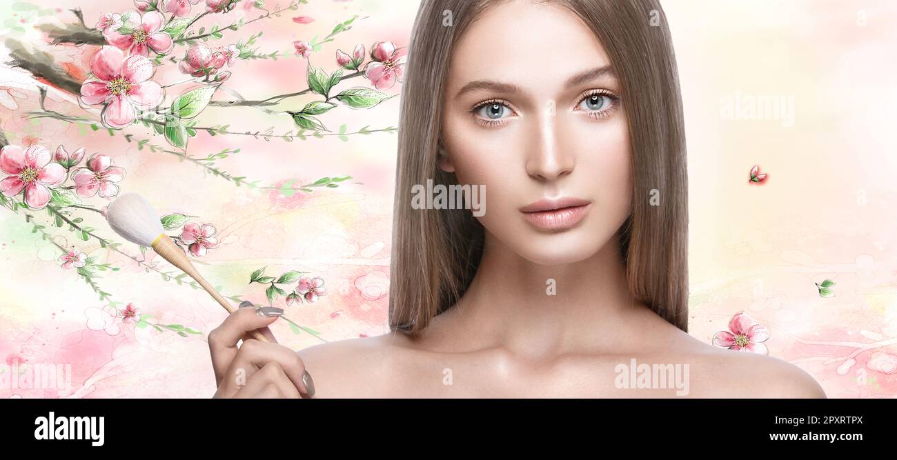 Beautiful young girl with a light natural make-up and beauty tools in ...