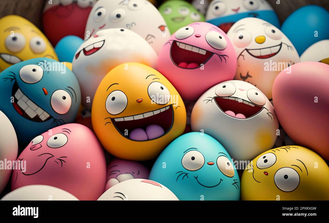 Heap of cute funny multicolor easter eggs with smiling face. Emoji ...