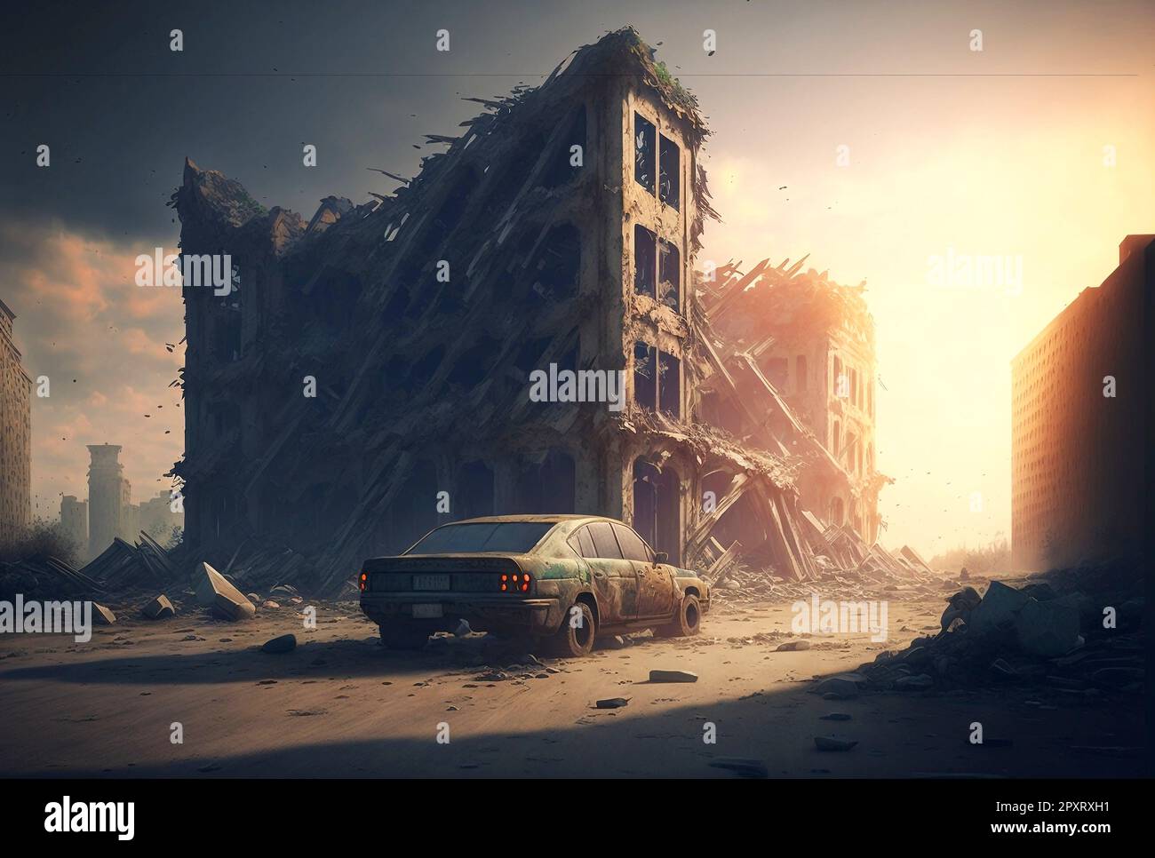 A post apocalyptic abandoned demolished city. The ruins of an abandoned ...