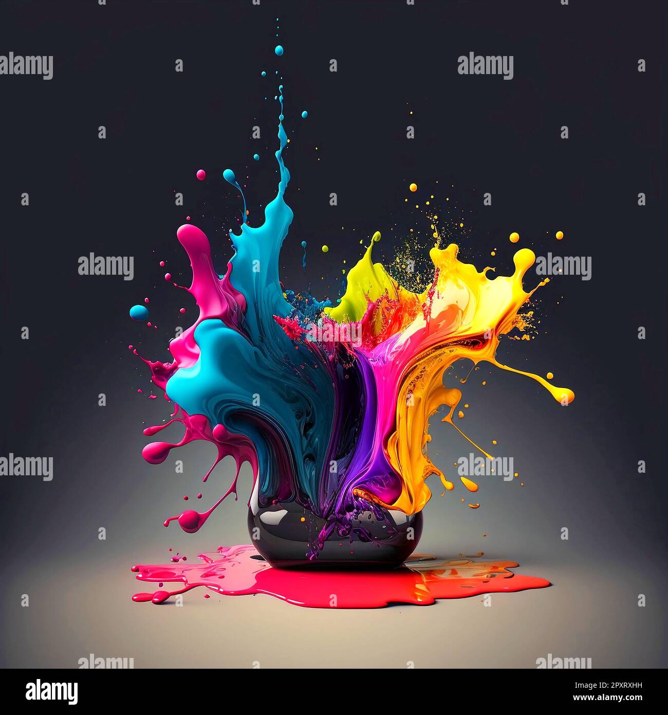 Abstract illustration of multicolor ink explosion splash on dark black ...