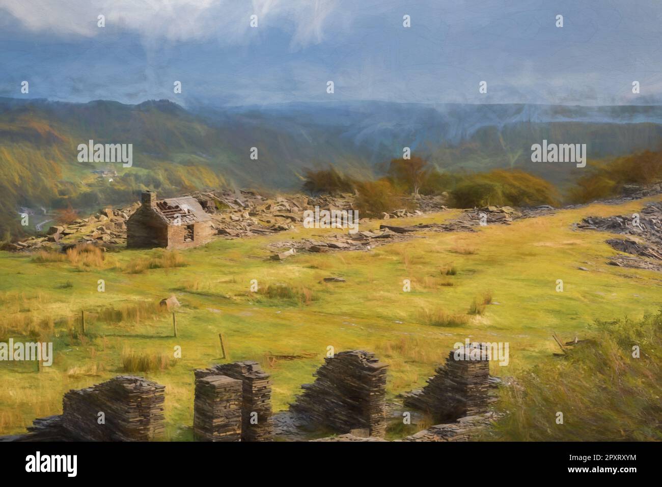 Digital painting of the abandoned Rhos Slate Quarry at Capel Curig ...