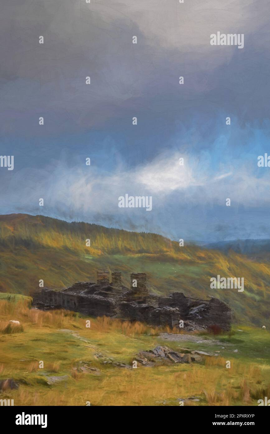 Digital painting of the abandoned Rhos Slate Quarry at Capel Curig ...