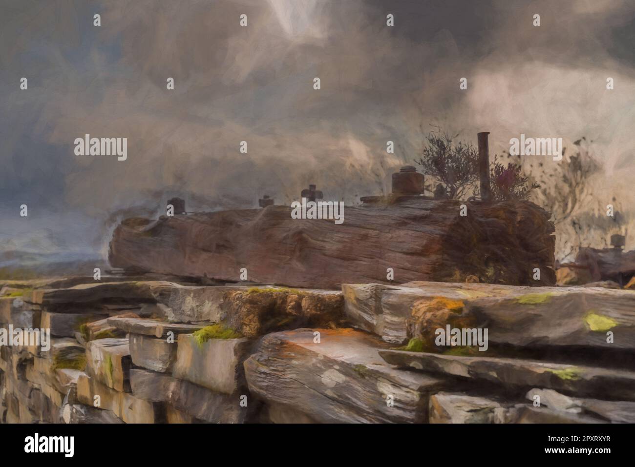 Digital painting of the abandoned Rhos Slate Quarry at Capel Curig ...