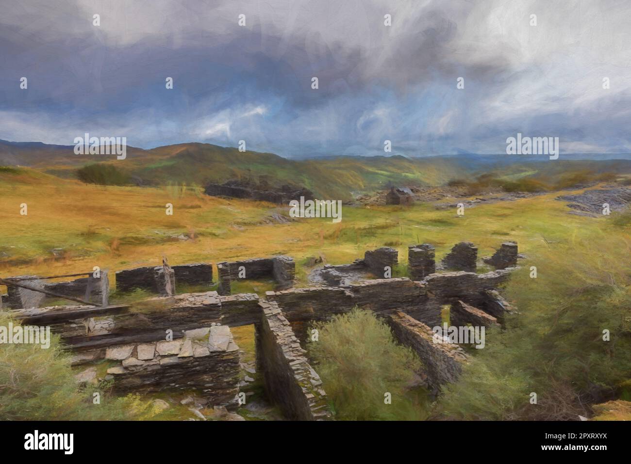 Digital painting of the abandoned Rhos Slate Quarry at Capel Curig ...