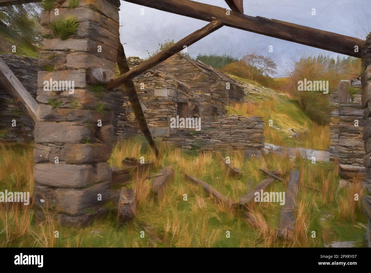 Digital painting of the abandoned Rhos Slate Quarry at Capel Curig ...