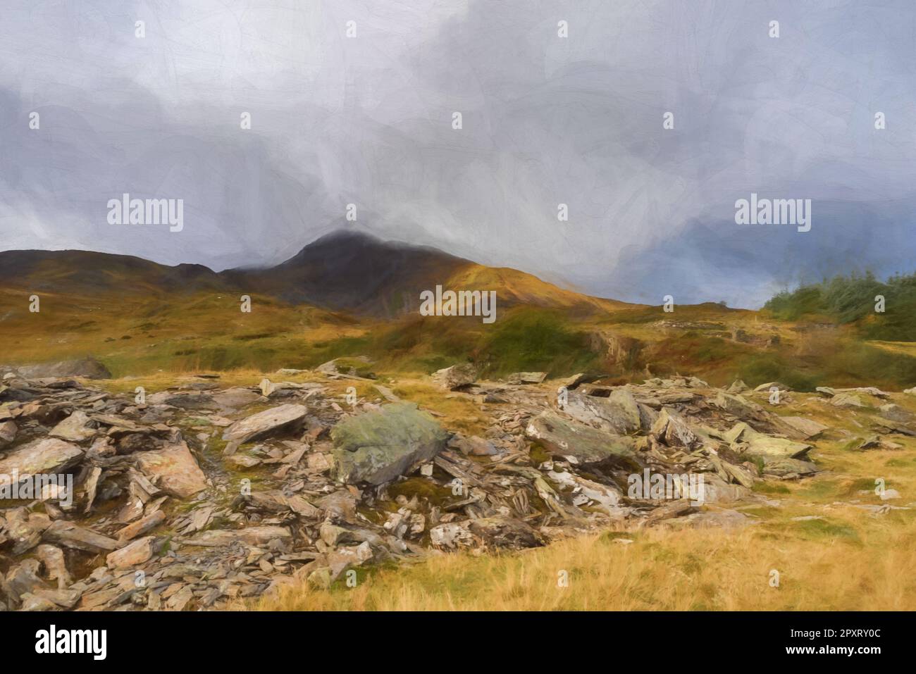 Digital painting of the abandoned Rhos Slate Quarry at Capel Curig ...