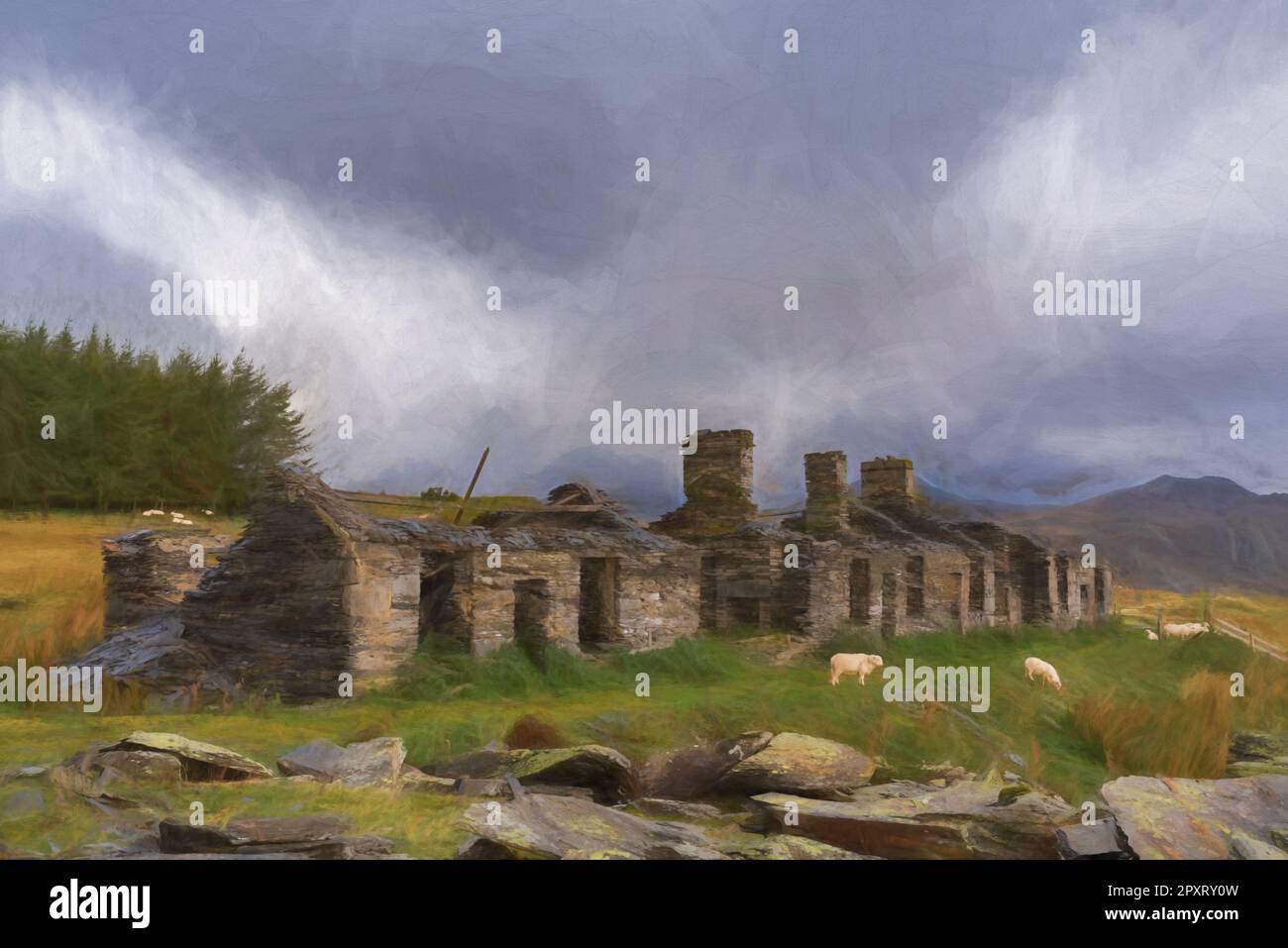 Digital painting of the abandoned Rhos Slate Quarry at Capel Curig ...