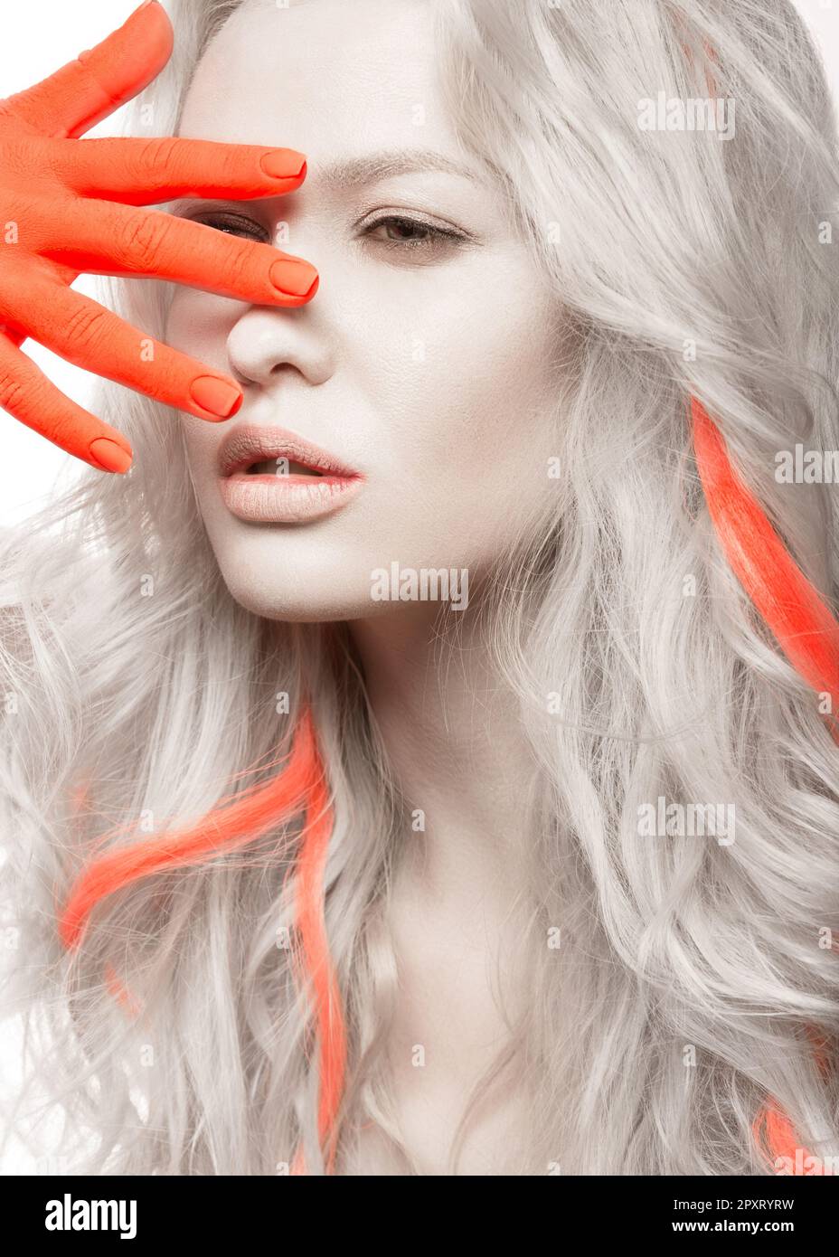 Art fashion girl with white skin in the form of albinos with red arms ...