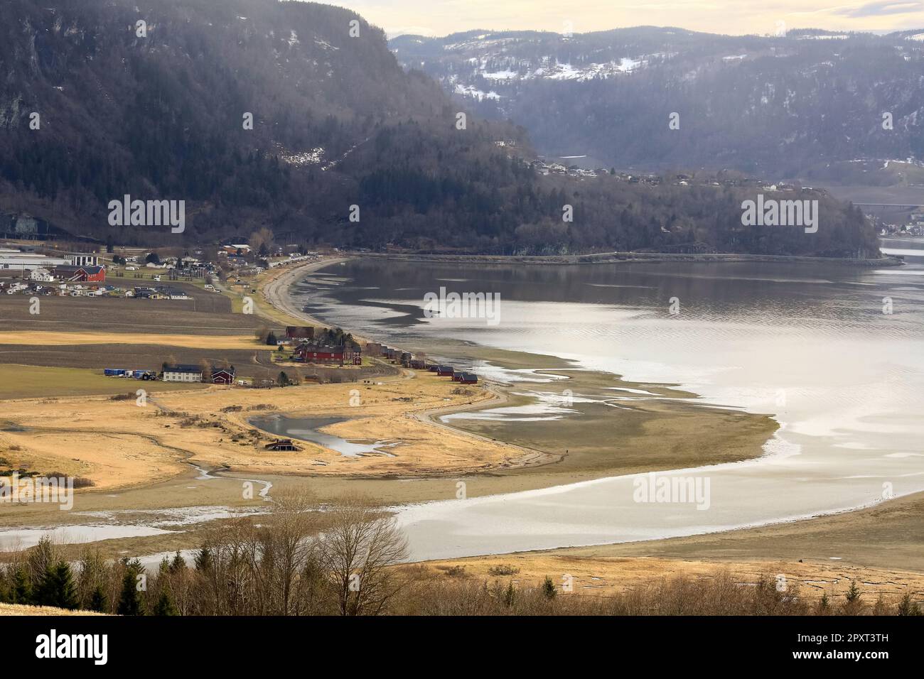 Aerial view of Trondheim fjord, the beach and agricultural area Oesand ...