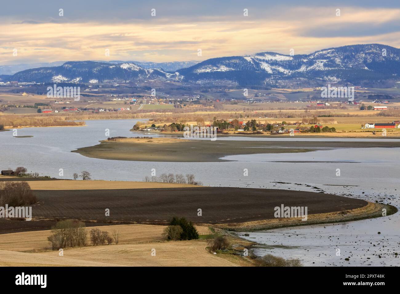 Aerial view of Trondheim fjord, the beach and agricultural area Oesand ...