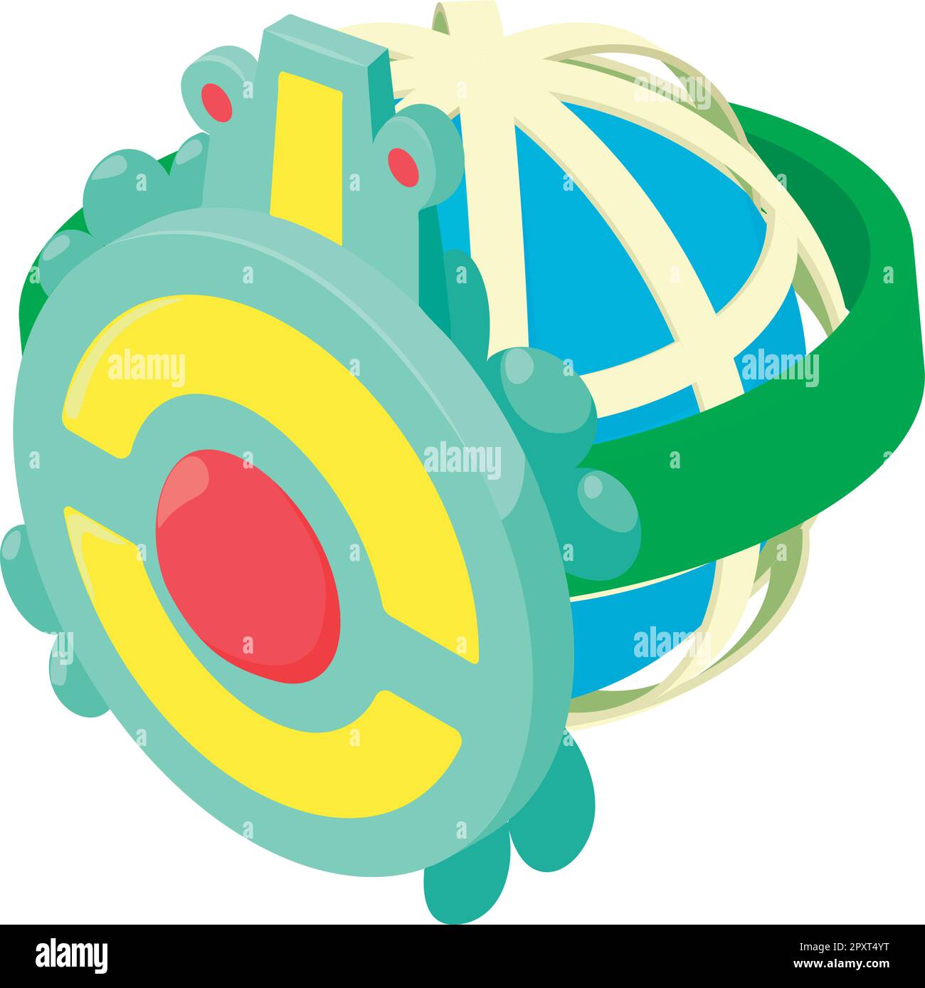 Round shield icon isometric vector. Round metal shield on globe grid ...